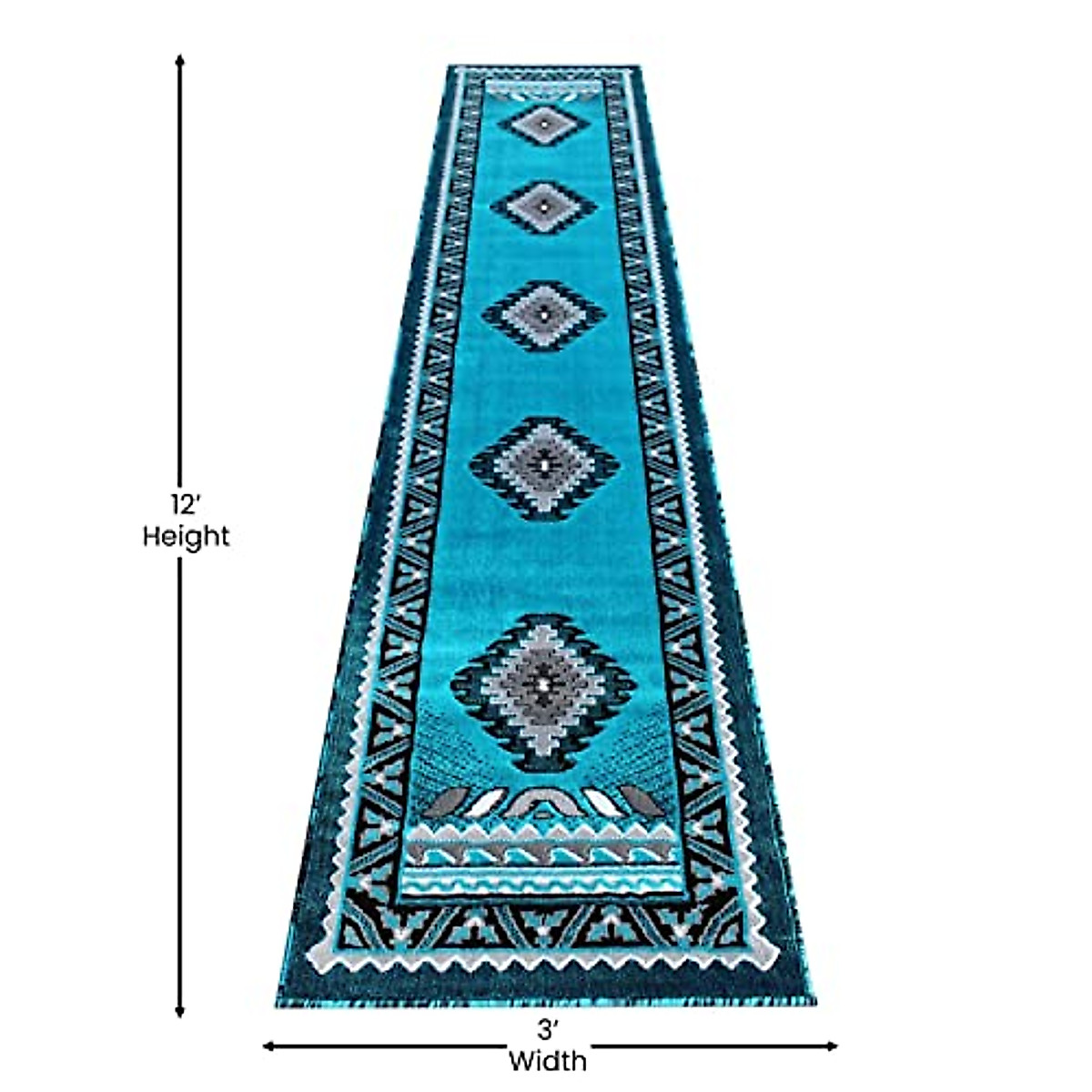 Flash Furniture Ventana Collection Southwestern Accent Rug - Low Pile Turquoise Olefin Rug - 2 x 10 Area Rug - Jute Backing - Hallway, Entryway, Bedroom, Living Room