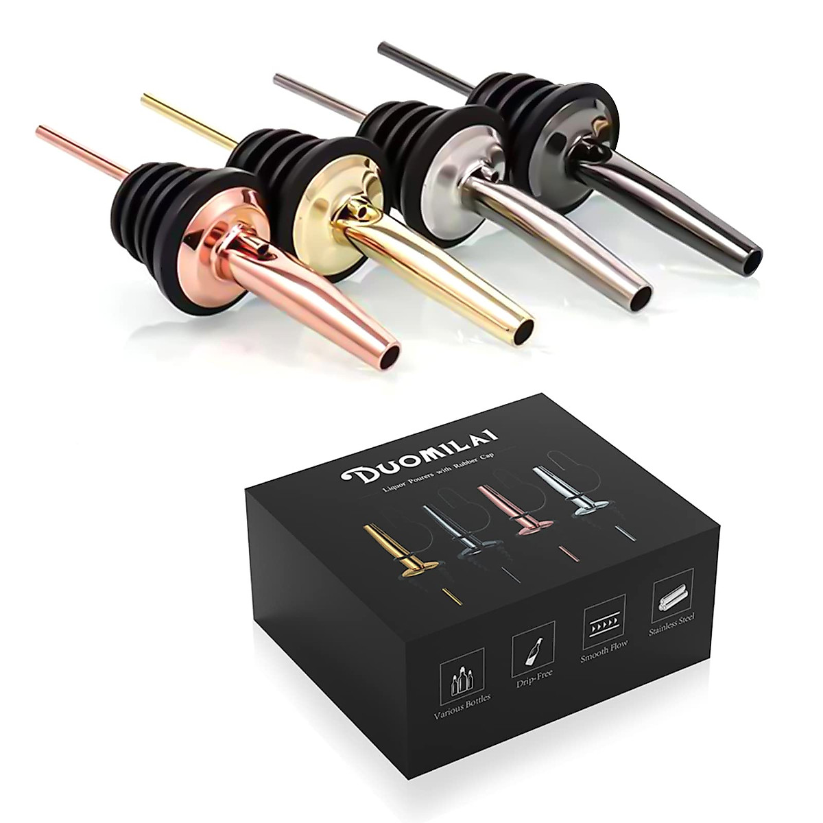 Duomilai 12 Pack Olive Oil Dispenser，Speed Pourers Spouts with Tapered, Liquor Pourers with Rubber Cap, Stainless Steel，Hygienic, Dishwasher Safe, Fits most Classic Bottle's Lip up to 3/4"(Rose Gold)