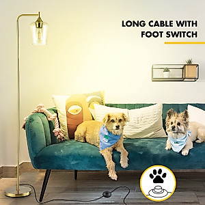 Hamilyeah Gold Floor Lamp for Bedroom, Industrial Tall Lamp for Living Room with Pedal Foot Switch, Mid Century Standing Lamp for Office with Champagne Glass Shade, E26 Bulb Included