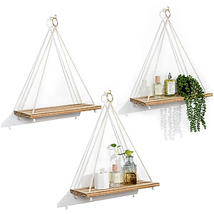 MITIME Hanging Shelves for Wall & Window Plant Shelf Indoor - Floating Wall Shelves for Bedroom Bathroom Living Room - Macrame Wall Hanging Shelf - Boho Wall Decor Home, Light Color,Large*3
