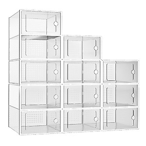 Hourleey 12 Pack Shoe Storage Box, Clear Plastic Stackable Shoe Organizer for Closet, Space Saving Foldable Shoe Rack Sneaker Containers Holders with Lids