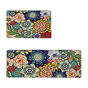 Colorful Boho Floral Kitchen Rugs Mats for Floor Bohemian Vintage Watercolor Flower Kitchen Rug Anti Fatigue Non Slip Cushioned Comfort Standing Mat, 17.3x28+17.3x47 inch