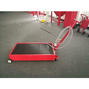 Manoch 20 Gallon Oil Drain Pan Low Profile Dolly with Pump 8 feet Hose and Wheel Material: Iron Overall Dimensions: (51.57 x 25.2 x 31.5)" / (131 x 64 x 80) cm (L x W x H) Casters: 4-inch (10 cm)