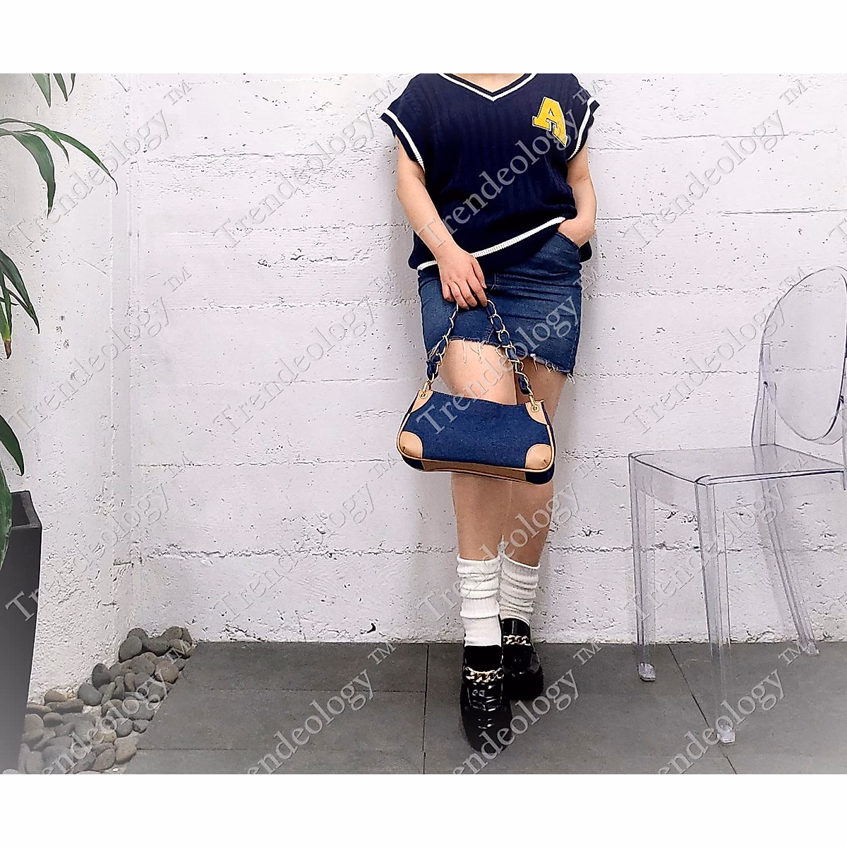 Womens Girls Vintage Retro Denim Jeans Medium Chain Shoulder Bag Purse Handbag (Dark Denim)