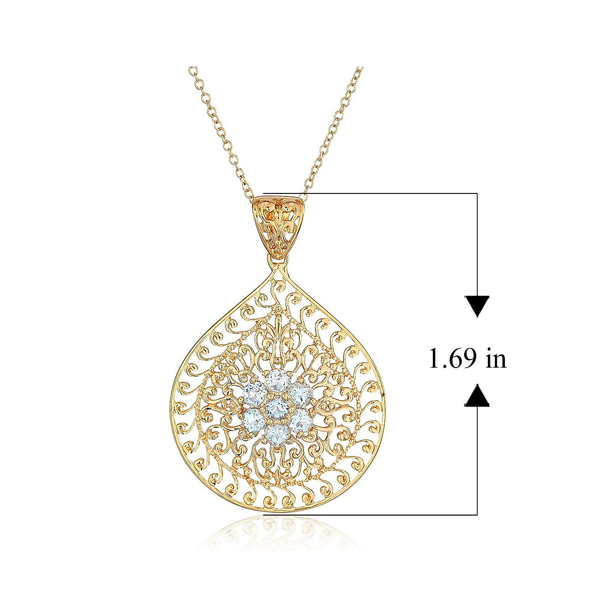 MORGAN & PAIGE 18K Yellow Gold-Plated .925 Sterling Silver Genuine Sky Blue Topaz Evil Eye Teardrop Filigree 1-5/8" Pendant Necklace on 18" Chain - December Birthstone