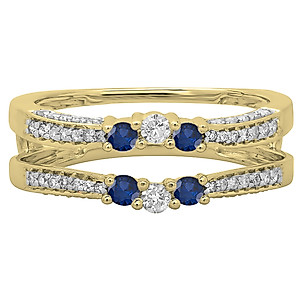 Dazzlingrock Collection Round Blue Sapphire & White Diamond Contour Enhancer Guard Ring for Women in 14K Yellow Gold Size 7