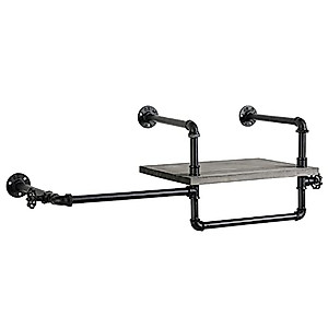 MyGift Industrial Garment Closet Hanging Organization System, Wall Mounted Black Metal Pipe Clothing Rod Rack with Weathered Gray Wood Display Shelf and Vintage Valve Accents