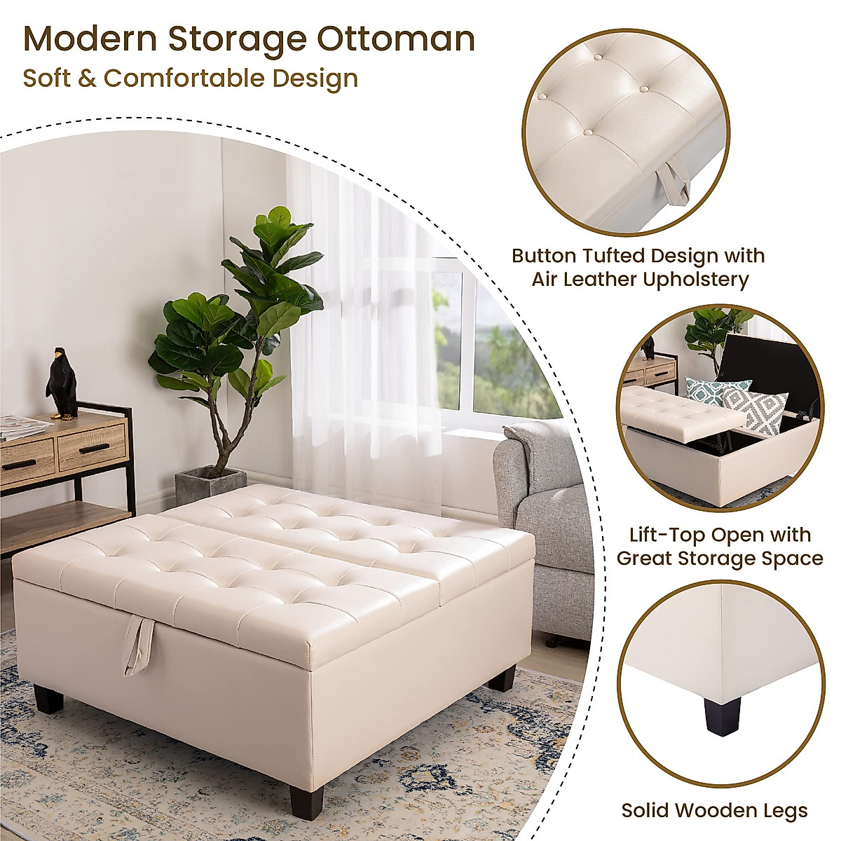 Charlotte 35 Inch Large Square Storage Ottoman Cube Bench, Tufted Upholstered Lift Top Coffee Table Ottoman with Storage, Oversized Dorm Storage Ottomans, Toy Box, Footrest for Living Room - Cream