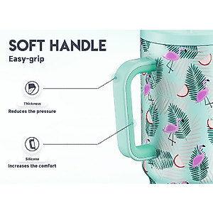 Meoky 40 oz Tumbler with Handle and Straw, Tumbler with Lid and Straw, Insulated Stainless Steel Travel Mug, 100% Leak-proof, Keeps Cold for 34 Hours or Hot for 10 Hours (Blue Flamingo)