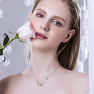 PEIMKO Sterling Silver Bunny on the Moon Necklace for Women, Simulated Birthstone Pendant Necklaces, March Birthday Gift for Women