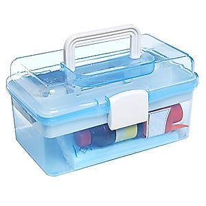 MyGift 10 Inch Portable Transparent Blue Plastic Storage Case Tool Box Sewing Box Organizer Travel Kit Box with Removable Tray, Clear Lid and Top Handle