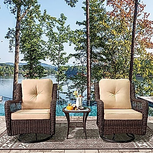 Outdoor Bistro Set 3 Pieces, Outdoor Resin Wicker Swivel Rocker Patio Chair, 360-Degree Swivel Rocking Chairs and Tempered Glass Top Side Coffee Table, Outdoor Rattan Conversation Sets (Khaki)