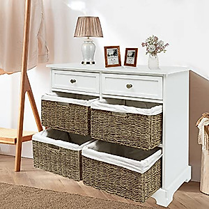 Babion Storage Cabinet with Baskets, Storage Organizer with 2 Drawers and 4 Wicker Baskets, Wicker Dresser with Wooden Tabletop, White Wicker Basket Storage Chest for Closet, Bedroom, Dorm