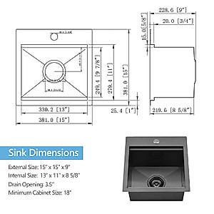 15 Black Stainless Steel Drop In Kitchen Bar Sink, Scamall 15X15X9 Inches Topmount Small Bar Sink - 16 Gauge Black Stainless Steel Workstation Kitchen Bar Sink SM021-1SBG
