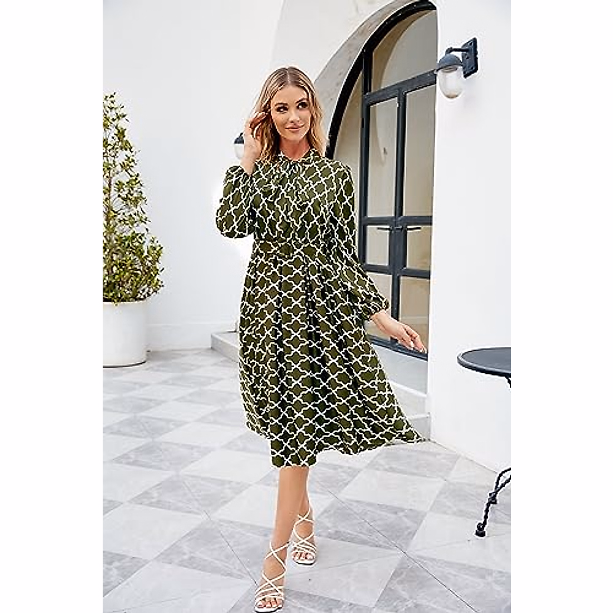 Modest Wear to Work Dress for Women Lantern Sleeve Business Fit and Flare Casual Dress for Business Lady Green