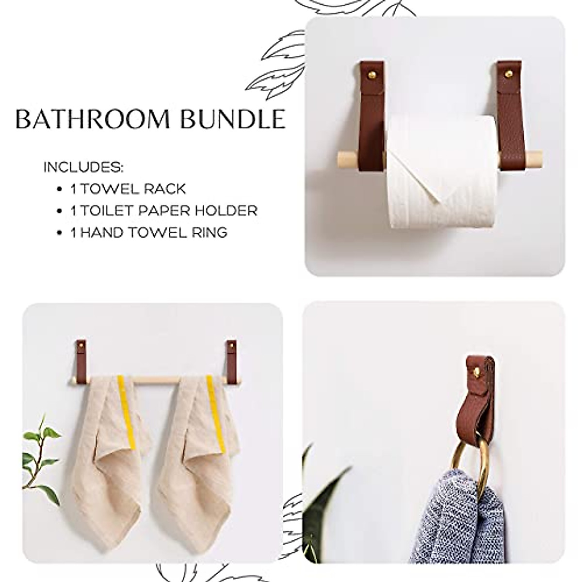 Bathroom Fixture Kit includes leather & wood Toilet Paper Roll Holder, Bath Towel Rail, leather & brass hanging Hand Towel Ring hook with gold hardware, straps are wall mounted, accessories rack