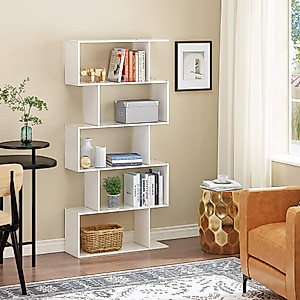 Function Home 5-Tier Geometric Bookcase, Freestanding S Shaped Bookshelf, Modern Multifunctional Display Shelves, White Book Shelf for Bedroom Living Room