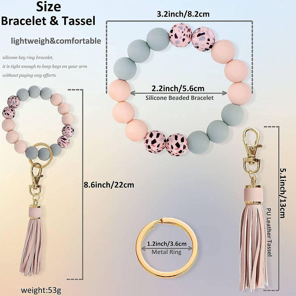 BIHRTC Keychain Bracelet Silicone Key Ring Wristlet with Leather Tassel Wrist Key Ring Bangle Silicone Bead keyring for Women Girls