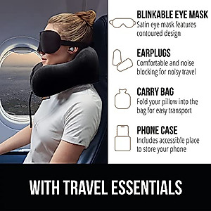 Gorilla Grip Memory Foam Travel Neck Pillow, Head Support on Airplanes, Soft Velvet, Cooling Mesh, Blinkable Eye Mask, Supportive Car Traveling, Sleeping on Long Flight, Airplane Pillows, Black