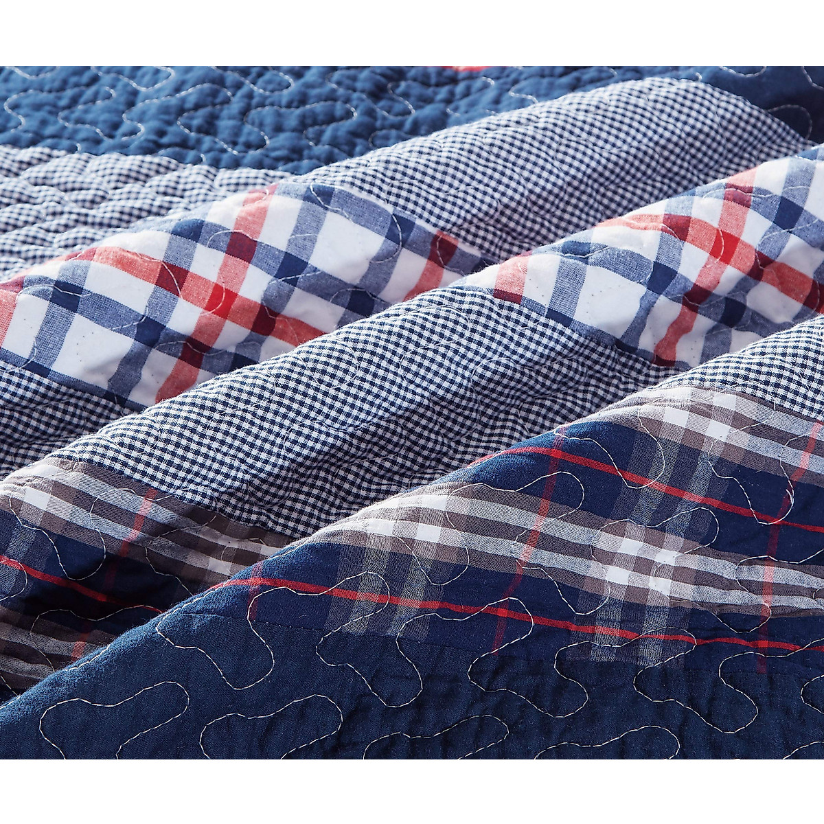 Chezmoi Collection Milton 3-Piece Plaid Checkered Patchwork Striped Quilted 100% Washed Cotton Reversible Bedspread Quilt Set, Queen