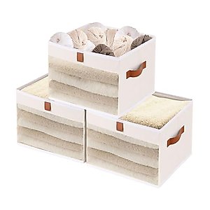 YheenLf Foldable Closet Storage Bins 3-Pack,Fabric Box with Transparent Windows and Handles,Storage Baskets Used for Organizing Clothes( Beige,12.6x12.6x9in)