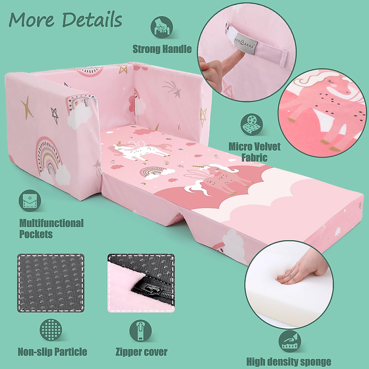 ACRABROS Kids Couch: Toddler Sofa Bed Fold Out for Gilrs Boys Baby Flip Out Convertible Lounge Chair Unicorn