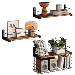 IRONCK Floating Shelves for Wall Storage, Bathroom Shelves with Protective Metal Guardrail and Wire Basket Towel Bar, for Bathroom, Kitchen, Bedroom, Living Room, Office,Vintage Brown