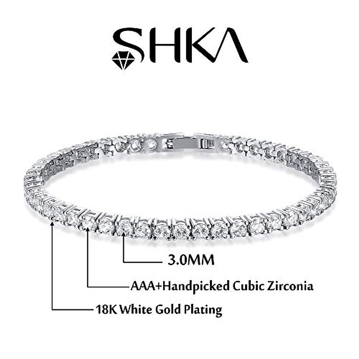 SHKA | AAA + 3.0mm Cubic Zirconia | Silver Tennis Bracelet for Women | 6.5 inch-7.5 inch
