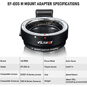 VILTROX EF-EOS M Lens Mount Auto Focus Adapter, Compatible with Canon EF/EF-S Lens to Canon EOS M (EF-M Mount) Mirrorless Camera Body EOS M100 M50 M3 M10 M6 M5