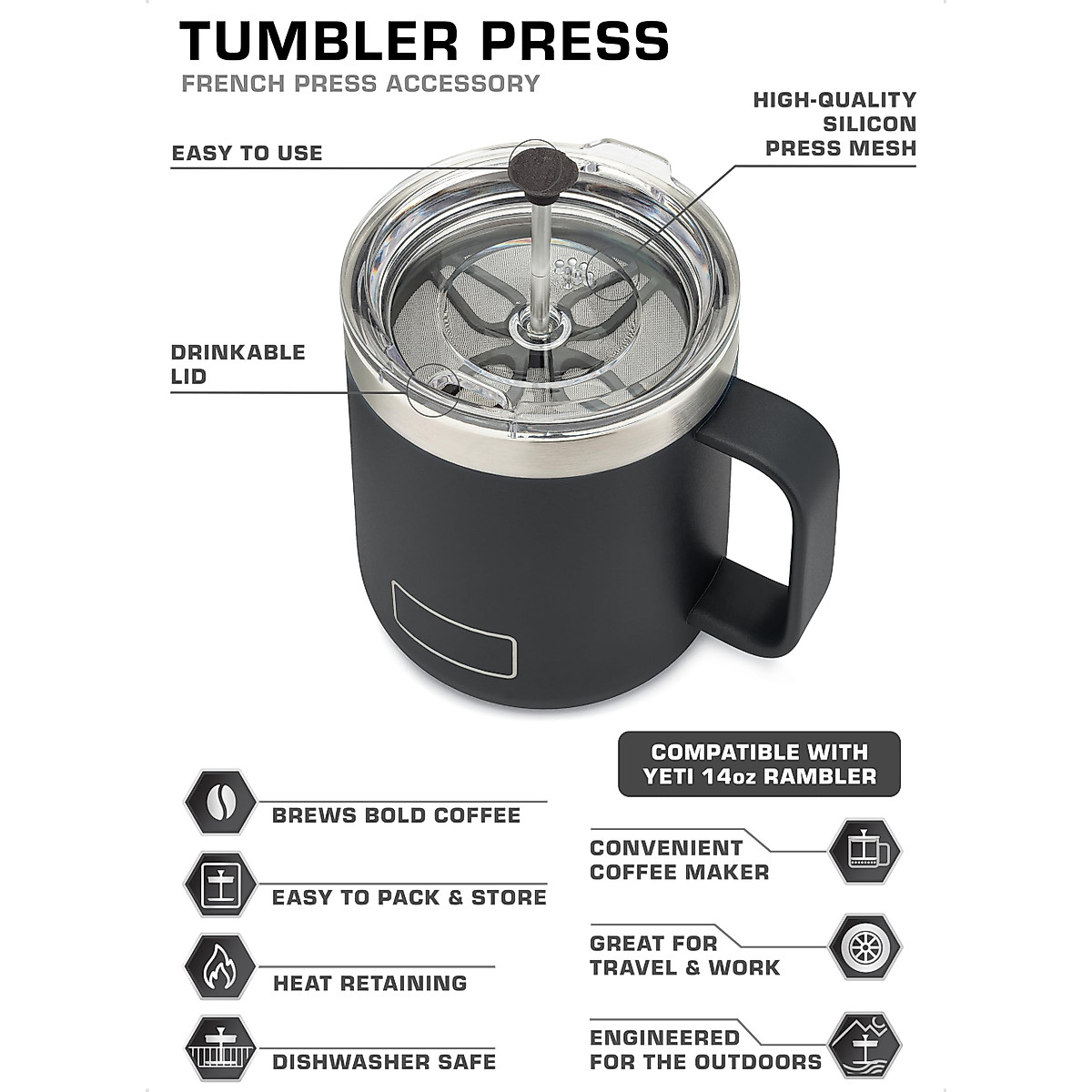COLETTI Travel French Press compatible with YETI Rambler 14 oz — Travel Coffee Maker, Tumbler Accessories — Turn Your Tumbler Into a Travel Coffee Maker