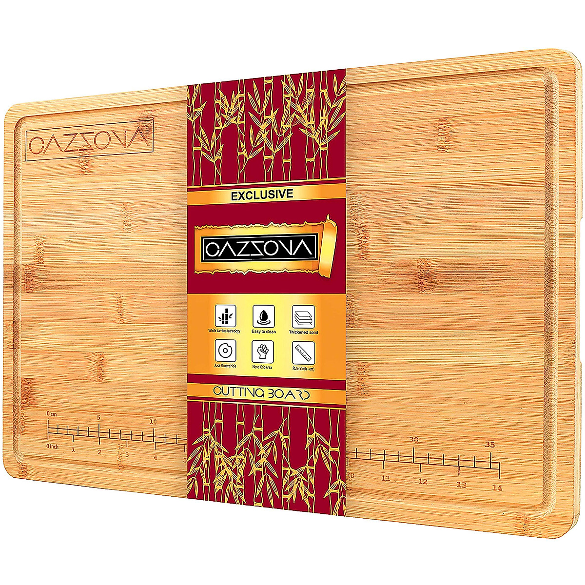 CAZZOVA Bamboo Cutting Board EXTRA LARGE with RULER and Juice Groove - Kitchen Wood Butcher Block for Meat Vegetables and Cheese- Chopping- Charcuterie Board- Wooden Serving Tray w/ Handles