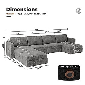 HONBAY 149'' Modular Sectional Sofa U Shaped Modular Couch with Storage Seats 7 Pieces Modular Sofa Deep Seat Modular Sectional Couch with Wide Chaise, Light Grey