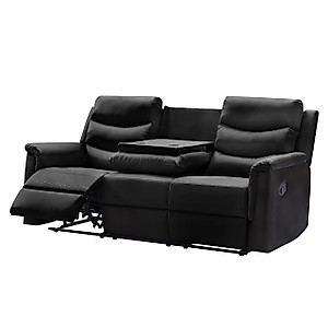 Verfur 3 Seater Double Recliner Sofa w/Drop-Down Table, Faux Leather Manual Reclining Loveseat Couch with Center Storage Console,Home Theater Seating with Cup Holders and Armrest for Living Room