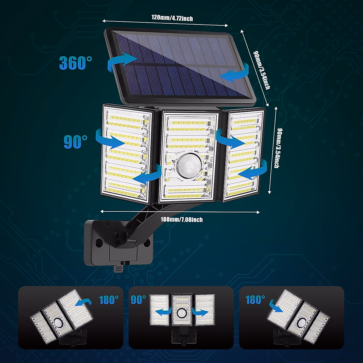 TYCOLIT 2 Packs Solar Outdoor Lights Motion Sensor,108 LED Solar Security Lights,3 Heads IP65 Waterproof Solar Flood Lights,Dusk to Dawn Outdoor Wall Light with 16.4ft Cable for Porch Patio Garden