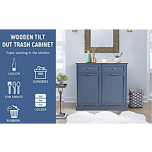 LOUVIXA Tilt Out Trash Can Cabinet with Double Hidden Trash Bin Holder, Kitchen Free Standing Recycling Cabinet,Dog Proof Trash Can,Wood, Blue