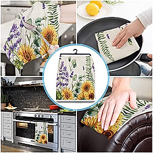 Kitchen Towels Set of 2 Green Leave Tea Dish Towels and Dishcloths Sets Decorative Tea Towel Yellow Sunflower Purple Lavender Absorbent Hand Towels for Kitchen Drying Bathroom Decor Gift 18x28 Inch