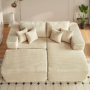 ovios 80" Oversized Sectional Lounge Chaise with Removable Ottoman,No Assembly Required,Cloud Plush Loveseat with Reclining Sofa Bed,Fluffy Modern Sleeper Chair for Indoor Living Room Bedroom, Beige