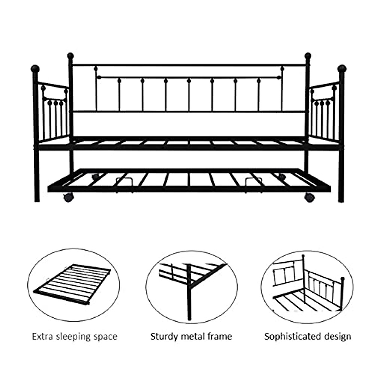 HOUAGI Metal Twin Daybed with Trundle,Sturdy Metal Slats Support,Noise Free/No Box Spring Needed,Black
