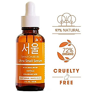 SeoulCeuticals Korean Skin Care 97.5% Snail Mucin Serum – Korean Beauty Skincare Night Serum Hyaluronic Acid for Face Contains K Beauty Snail + Centella Asiatica - Potent Anti Wrinkle Serum 1oz