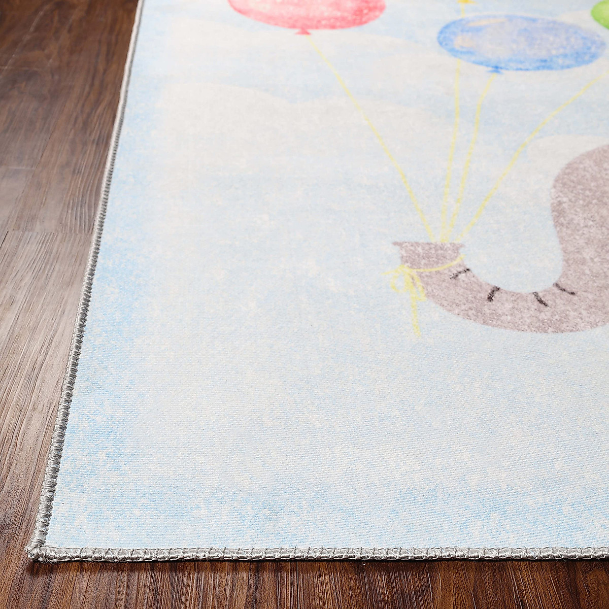SUPERIOR Kids Indoor Area Rug, Elephant Design, Cute Rugs for Bedroom, Nursery, Playroom, Living Room, Entryway, Unique Accent, Soft Cotton Backed Rugs, Nursery Collection, 4' x 6', Baby Blue
