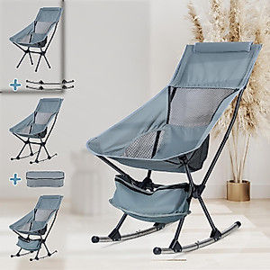 Oversized Folding Rocking Camping Chair with Storage Bag, Adult Heavy Duty Camping Chair, Outside Folding Rocking Chair for Patio, Lawn and Outdoors, Supports 253Lbs