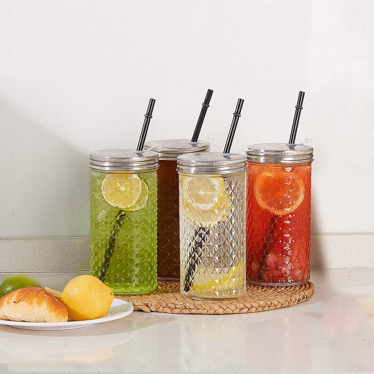 4Pack Glass Tumblers with Stainless Steel Lids and Straws, 24 OZ Wide Mouth Mason Jar Drinking Glasses for Iced Coffee/Tea, Juices and Cocktail, Travel Glass Bottles with Varitey of Patterns