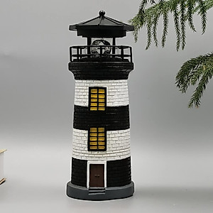 BWWNBY Lighthouse Decorative Light Solar Nautical Style Garden Lamp Patio Pathway Night Lighting Ornament LED Rotation Lawn Yard Lighthouse(Black+White)