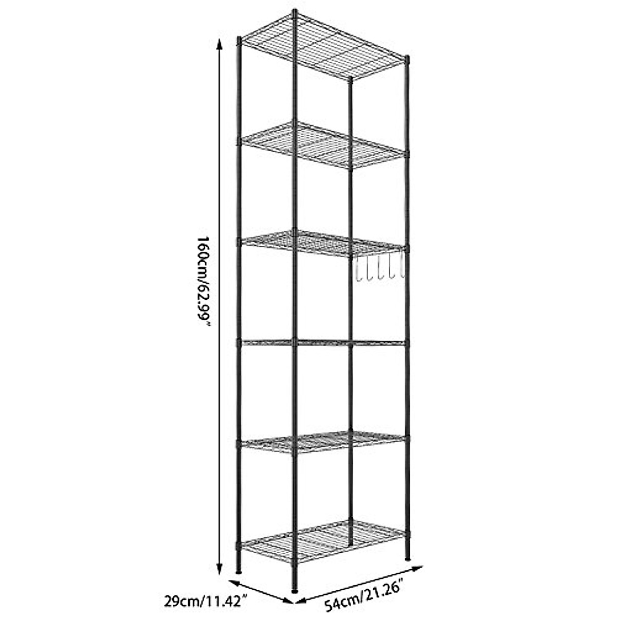 BATHWA 6-Tier Metal Wire Rack, Free Standing Shelving Unit, Adjustable Heavy Duty Storage Shelves for Kitchen Organization, with Leveling Feet and Stainless Side Hooks, Black