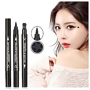 Pinkiou 2 in 1 Double-headed Liquid Eyeliner Pen Stamp Super Slim Gel Felt Tip High Pigment Black Waterproof Smudgeproof Long Lasting Tattoo Makeup Tool(Star)