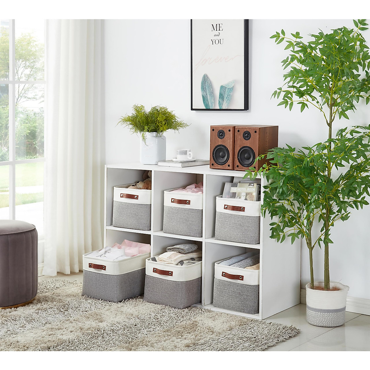 DECOMOMO Storage Bins Fabric Storage Baskets for Shelves, Linen Closet Organization Toys Nursery (Grey and White, XL - 3 Pack)