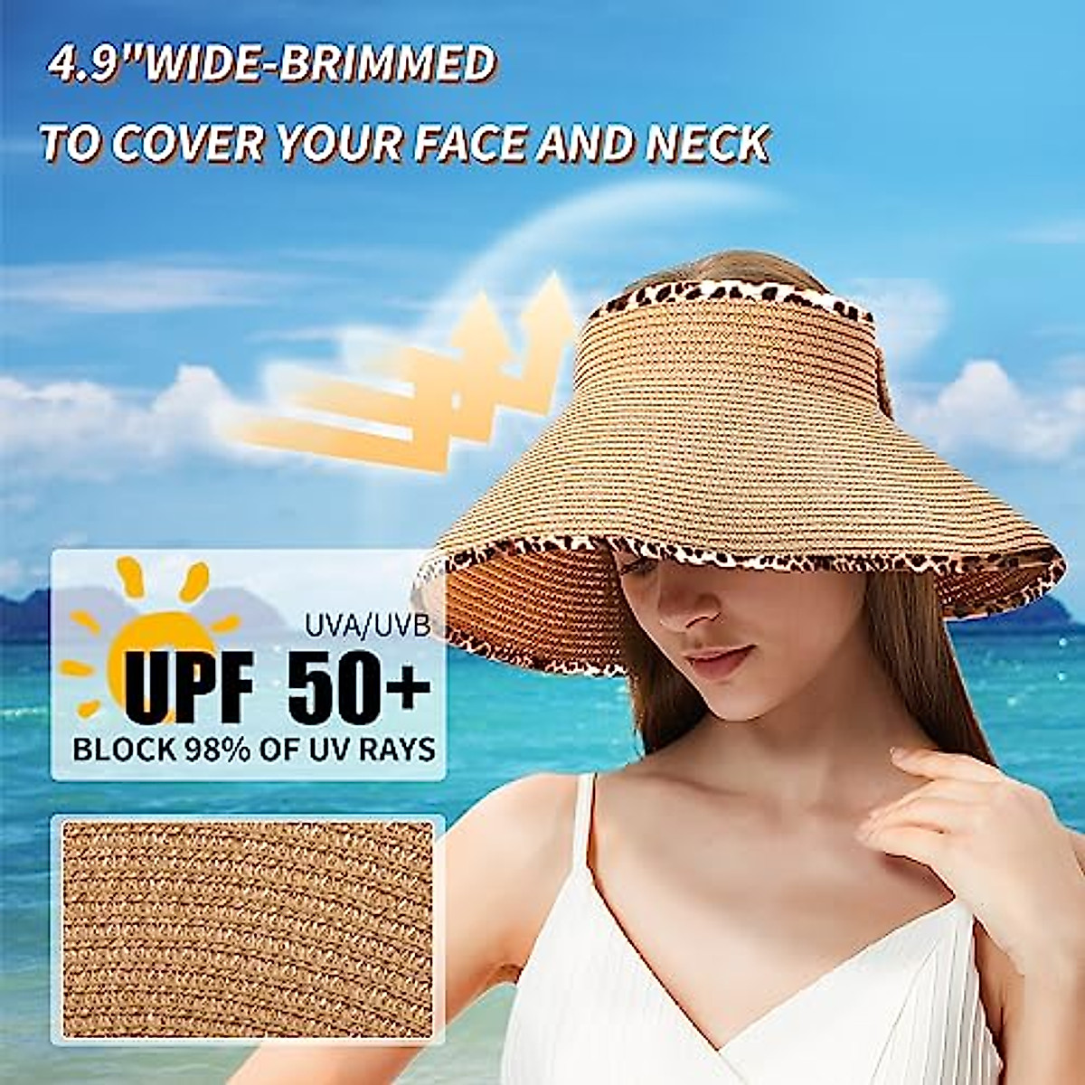 MAYLISACC Sun Visors Hats for Women Wide Brim Straw Sun UV Protection Beach Hats Foldable Floppy Hats for Women Travel