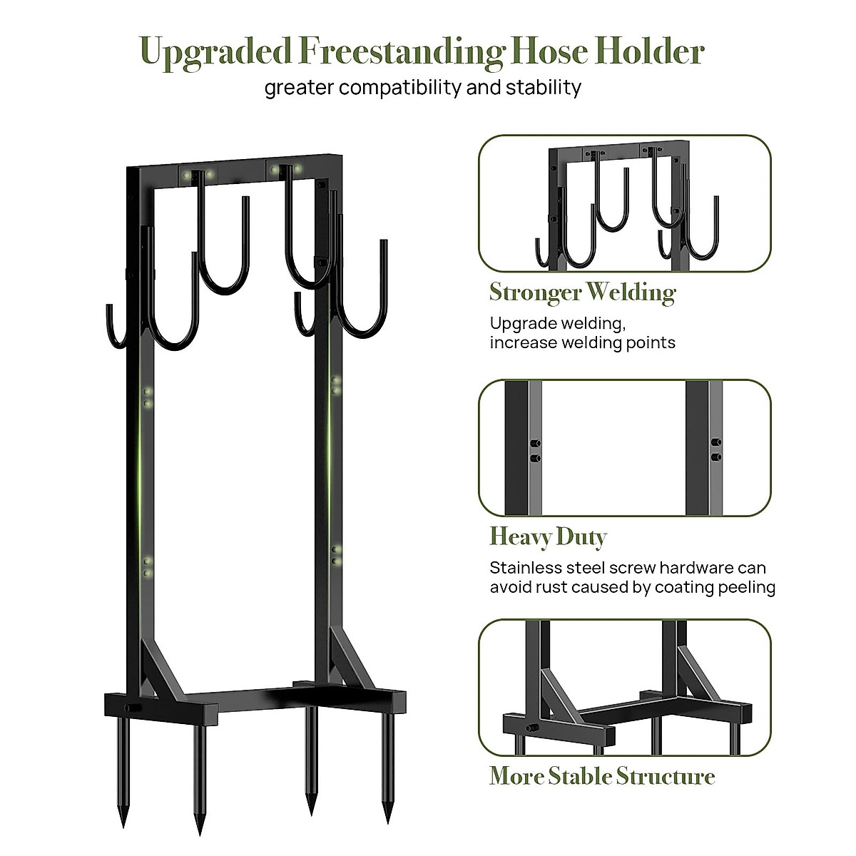 Winpull Garden Hose Holder Water Hose Holder with 4 Spikes, Freestanding Hose Hanger Outdoor Hold Stand Heavy Duty 6 Hooks Metal Garden Hose Storage Hose Reel Rack for Outside (Black)