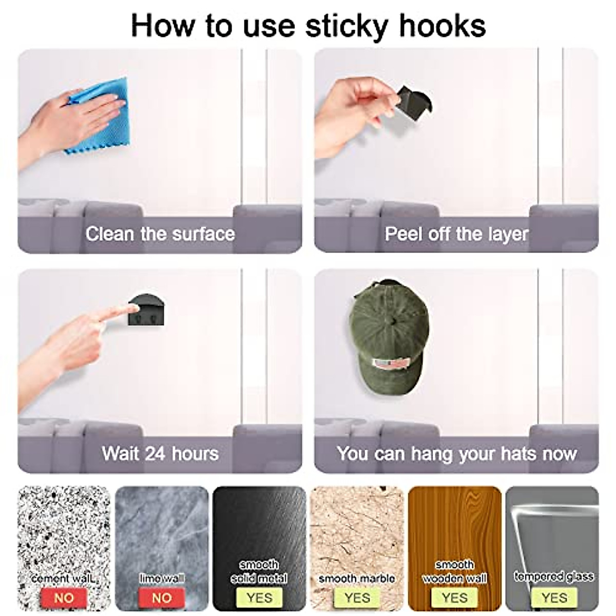 OCSOHO 12 PCS Baseball Caps Hat Racks,Minimalist Adhesive Cap Hat Hooks for Wall Mount,Strong Hold Hat Hangers Organizer,No Drilling,Hat Holder Organizer for Wall,Door,Closet,Office,Bedroom