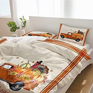 Autumn Orange Truck Queen Duvet Covers Farm Car Thanksgiving Turkey Pumpkins 3-Piece Bedding Sets Luxury Soft Microfiber Bed Comforter Protector with Pillow Cases for Women Men Girl Boy Orange Line